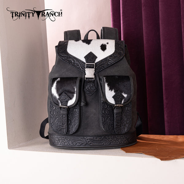 TR185-9110 Trinity Ranch Genuine Hair-On Cowhide Tooled Backpack - Bla ...
