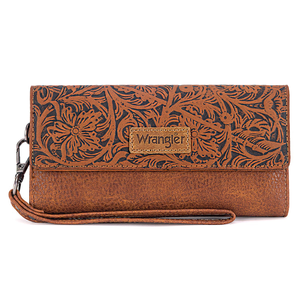 WG196-W056 Wrangler Western Floral Tooled Tri-fold RFID Wallet/Wristle ...