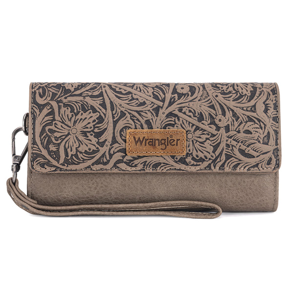 WG196-W056 Wrangler Western Floral Tooled Tri-fold RFID Wallet/Wristle ...